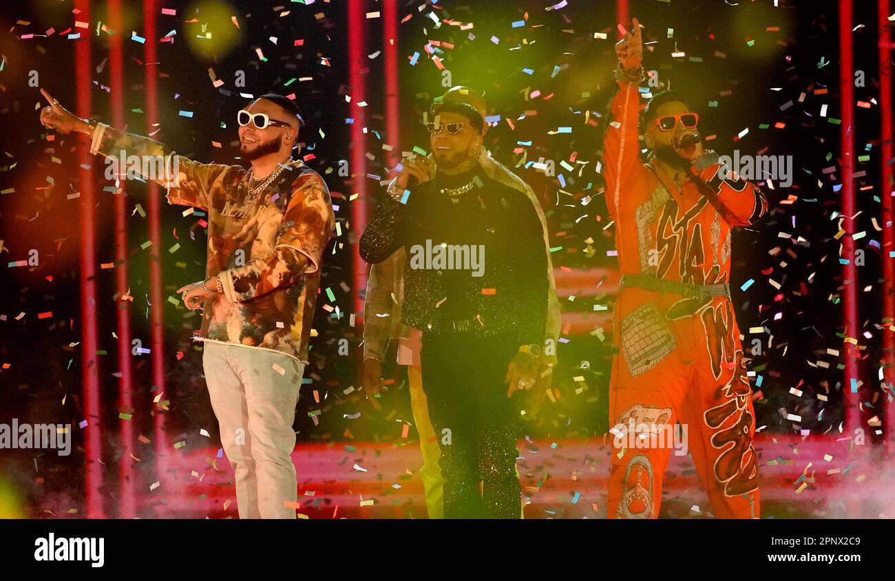 Edgar Semper, from left, Anuel AA and DJ Luian perform at the Latin ...