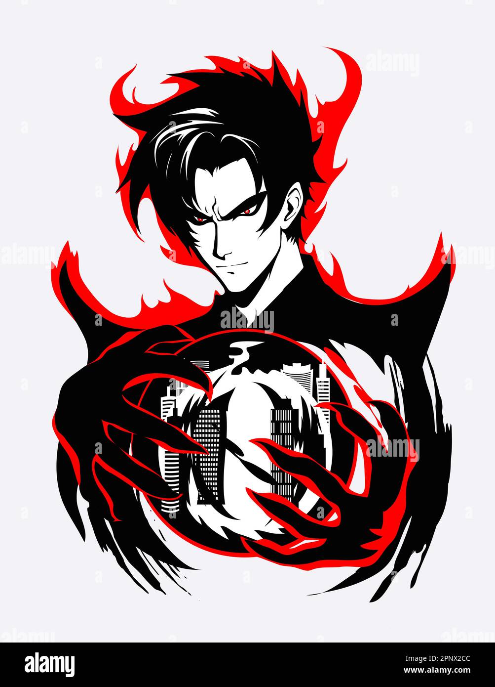Demon with wings holds a red sphere with a city inside. Manga and anime ...