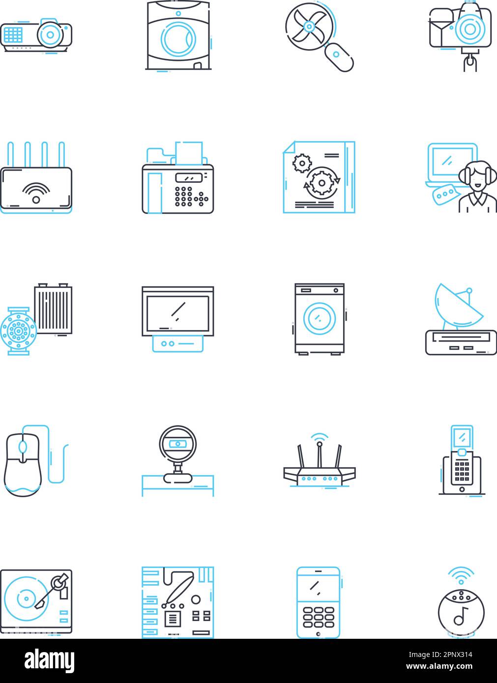 Mechanical machinery linear icons set. Gears, Pistons, Motors, Engines ...