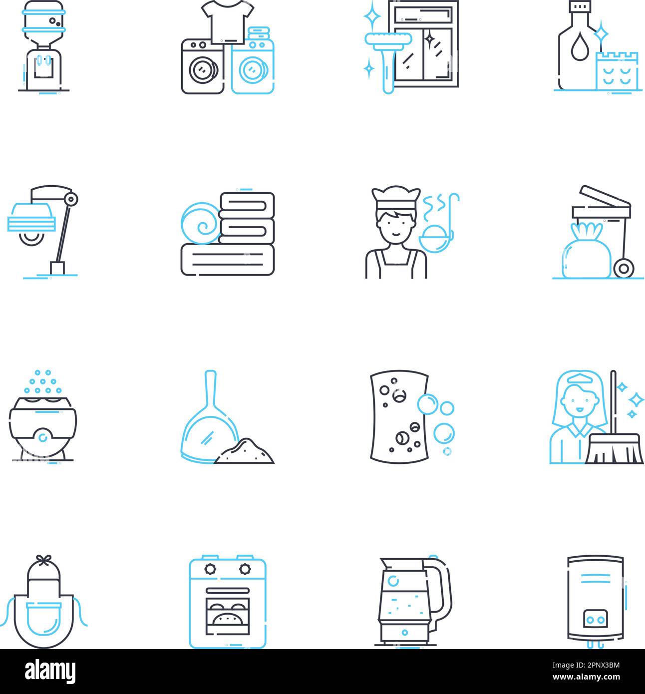 Domestic cleaning linear icons set. Maid, Dusting, Vacuuming, Mopping ...