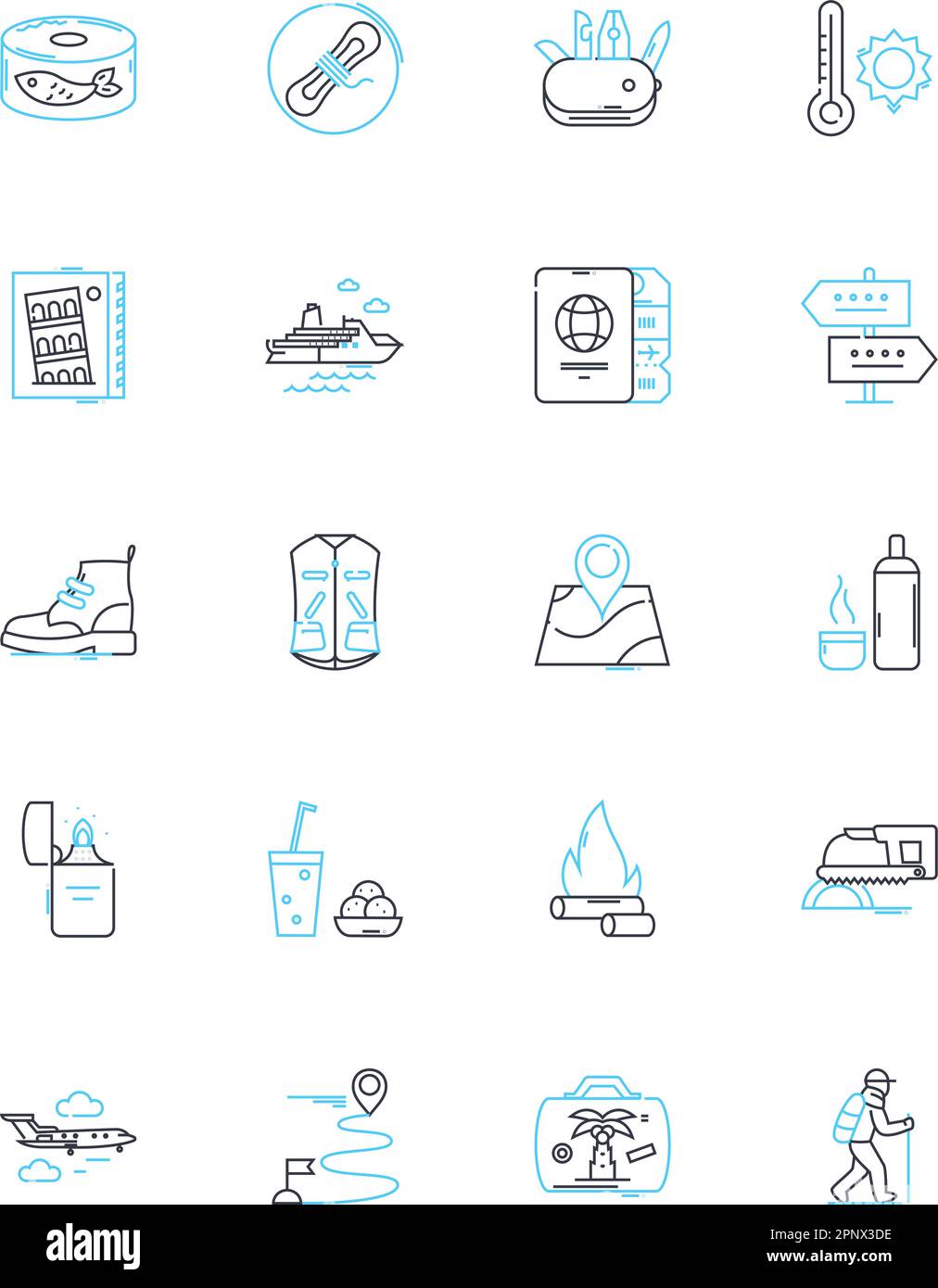 Desert treks linear icons set. Dunes, Camels, Oasis, Sand, Mirage ...