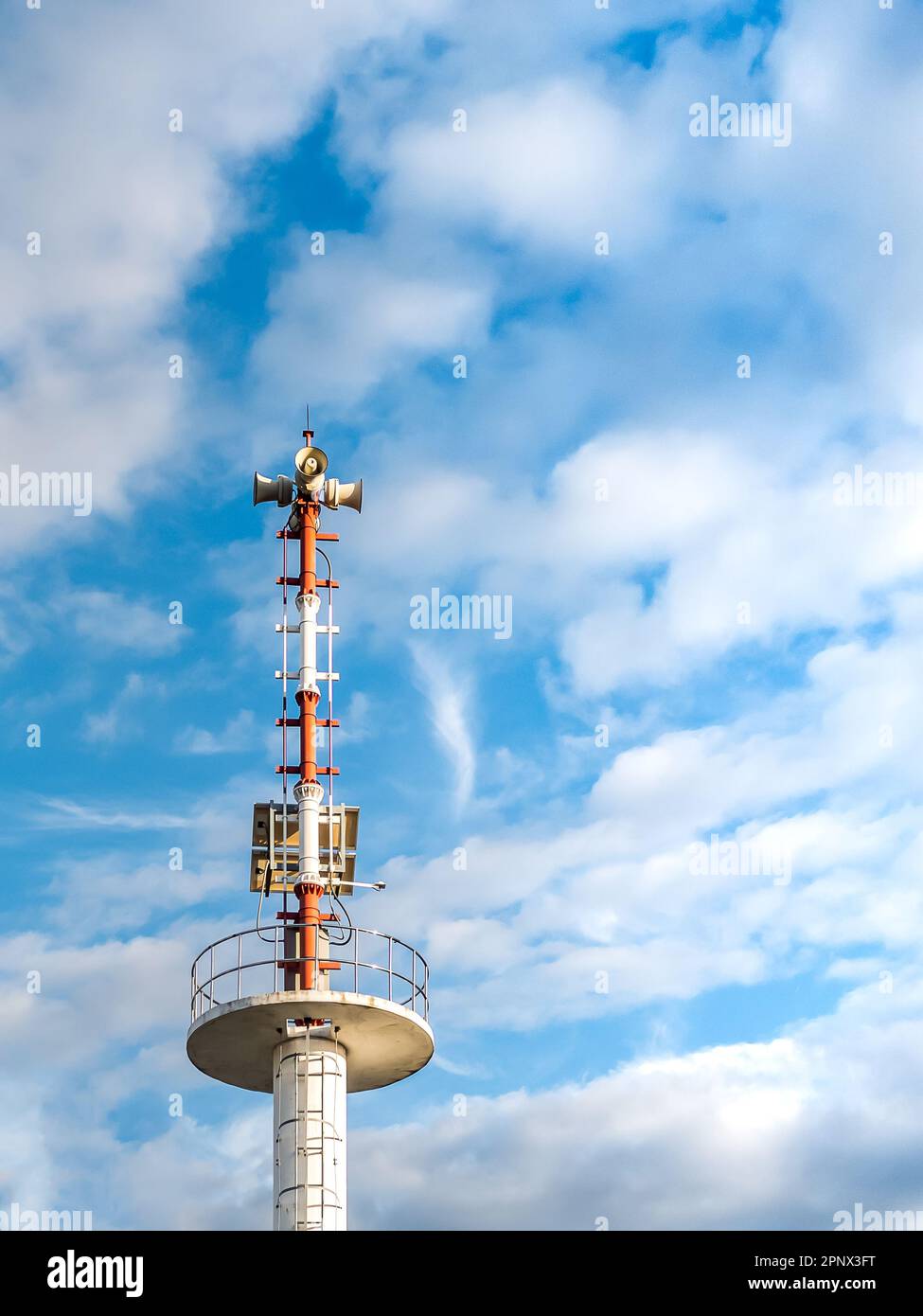 Tsunami siren warning loudspeakers are installed on the beach in ...