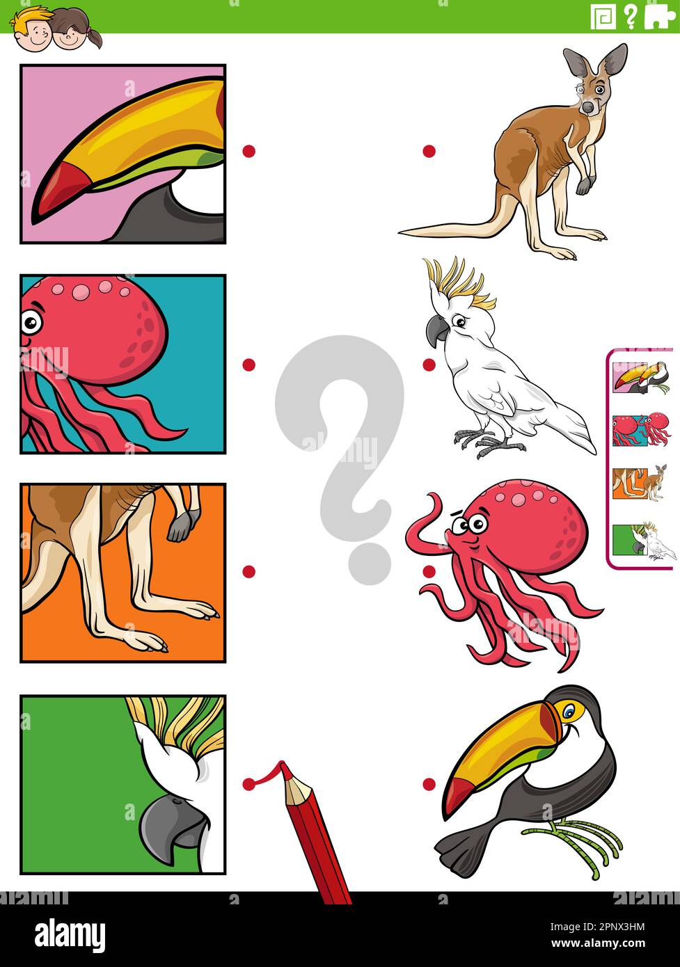 Cartoon illustration of educational matching activity with animal ...