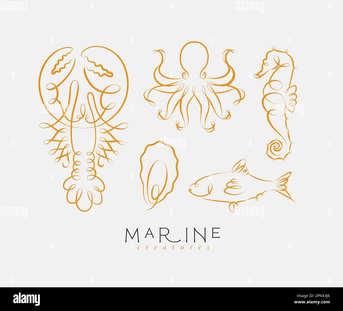 Filigree swirl sea and ocean creatures lobster, octopus, seahorse ...