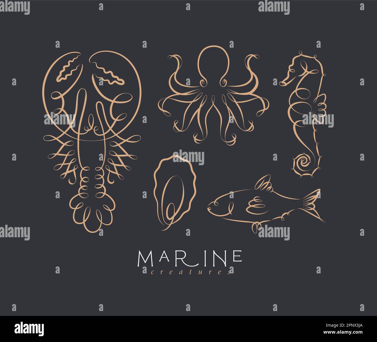 Filigree swirl sea and ocean creatures lobster, octopus, seahorse ...