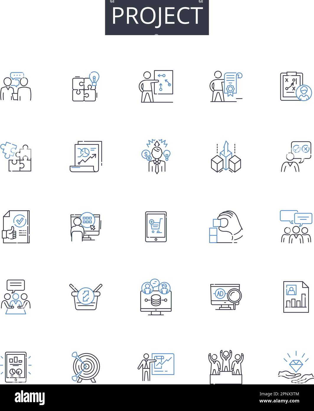 Project line icons collection. Venture, Initiative, Endeavor, Undertaking, Scheme, Assignment ...