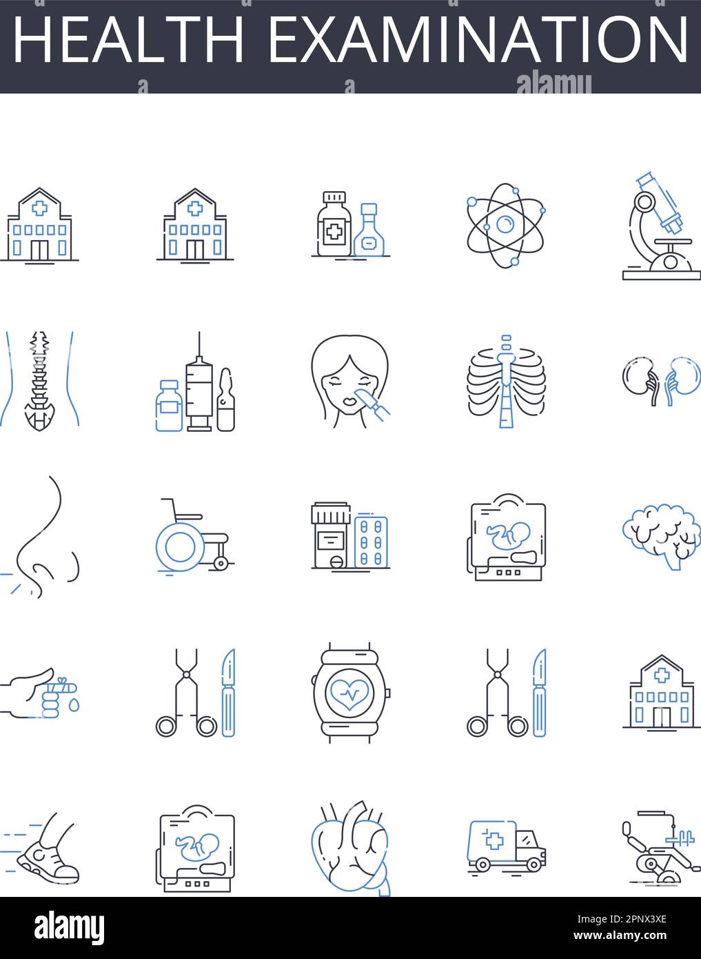 Health examination line icons collection. Dental checkup, Eye exam ...