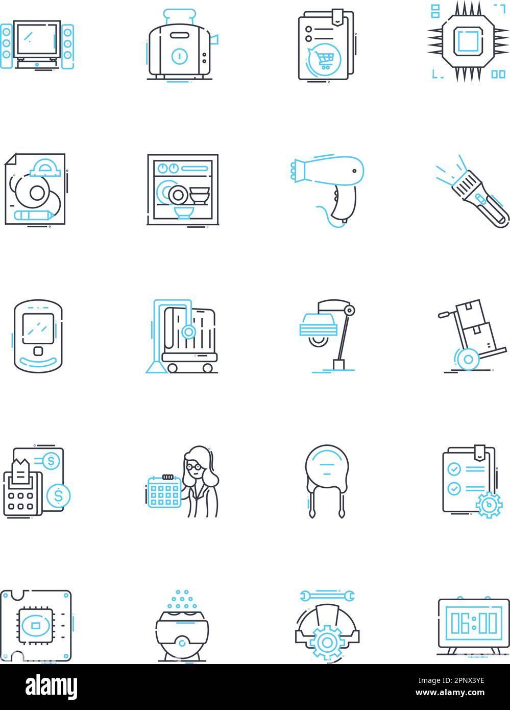 Gadget inventory linear icons set. Smartwatch, Smartph, Laptop, Tablet, Keyboard, Mouse, Charger ...