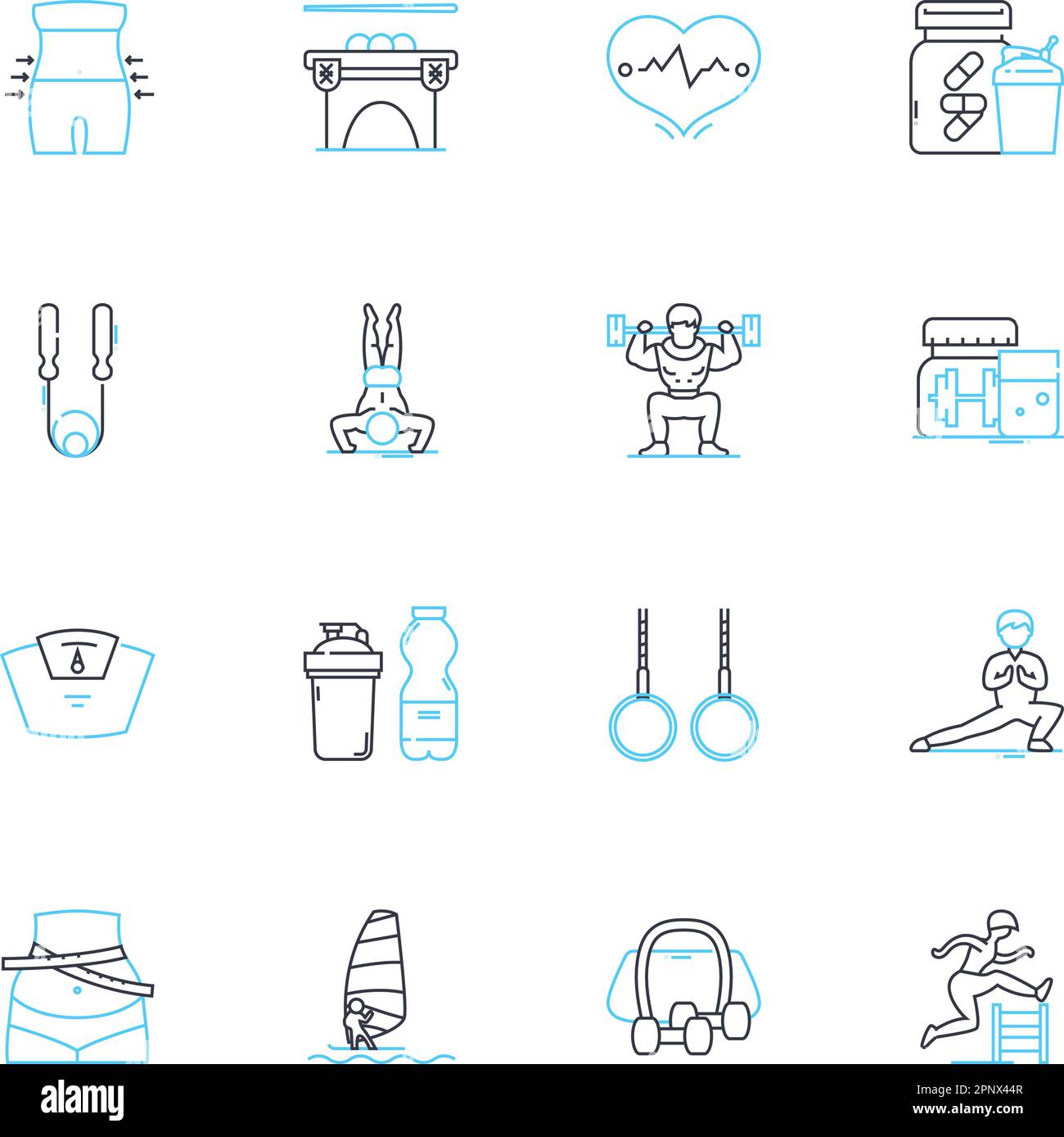 Lift weights linear icons set. Strength, Power, Fitness, Endurance, T, Muscles, Reps line vector ...