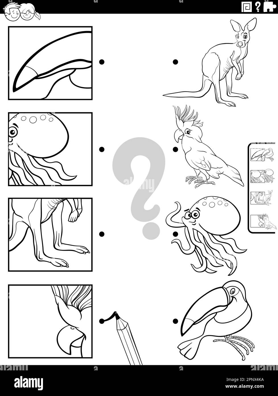 Black and white cartoon illustration of educational matching activity ...