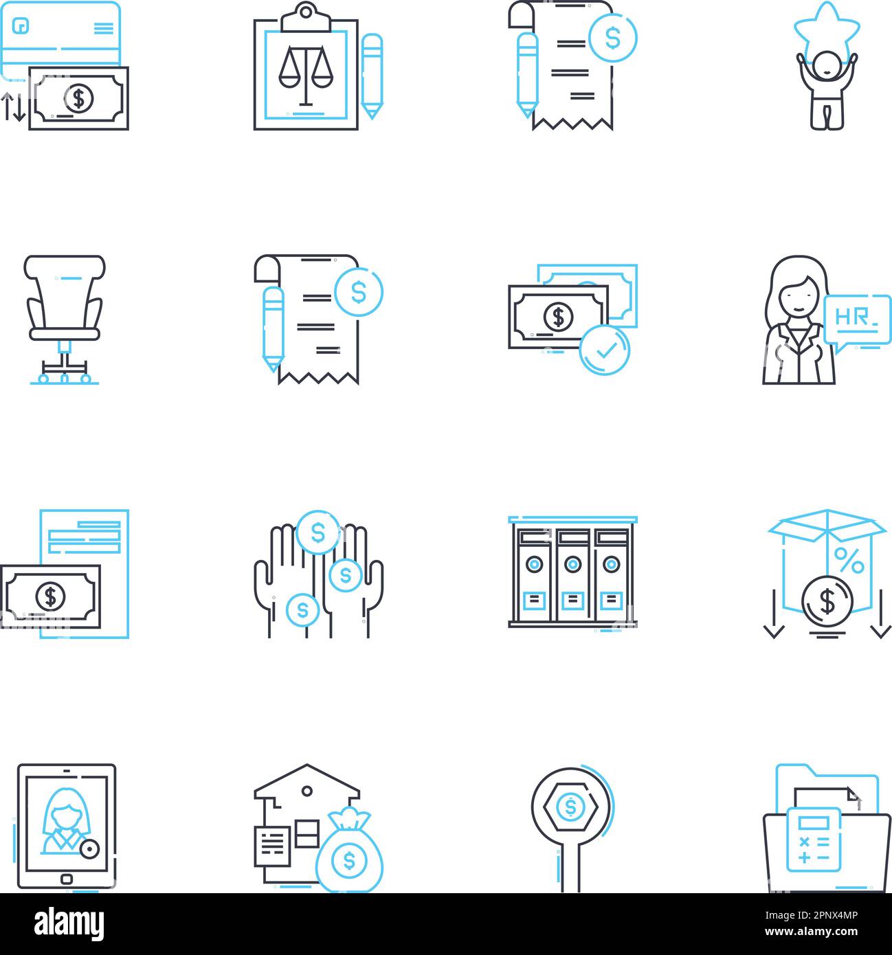 Finance and accounting linear icons set. Budgeting, Taxes, Auditing ...