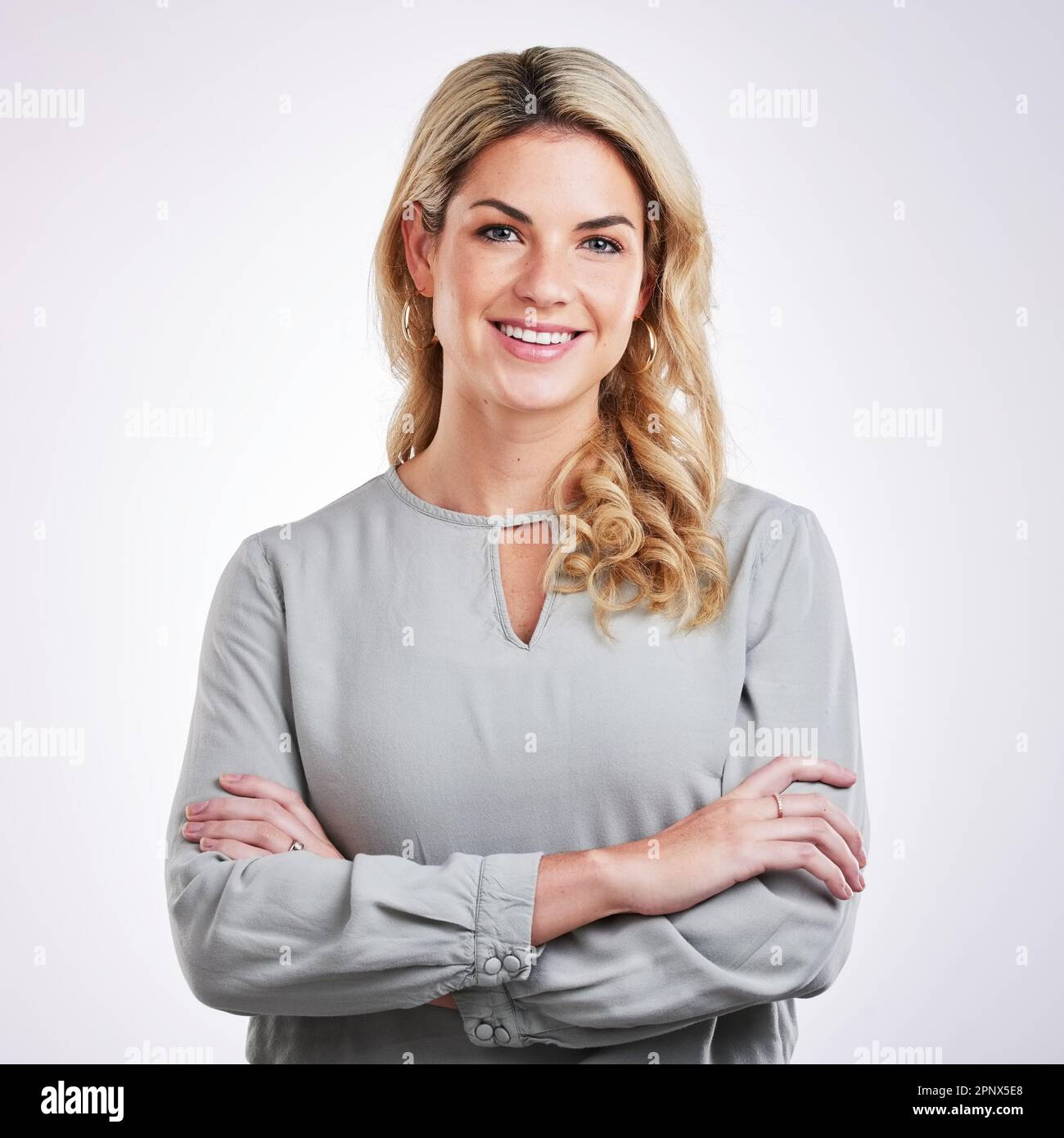 Happy, crossed arms and portrait of business woman on white background ...