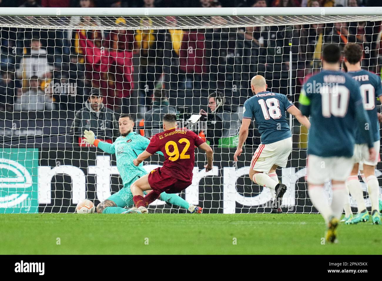 Rome, Italy. 20th Apr, 2023. Rome - Feyenoord keeper Justin Bijlow, Stephan El Shaarawy of AS ...
