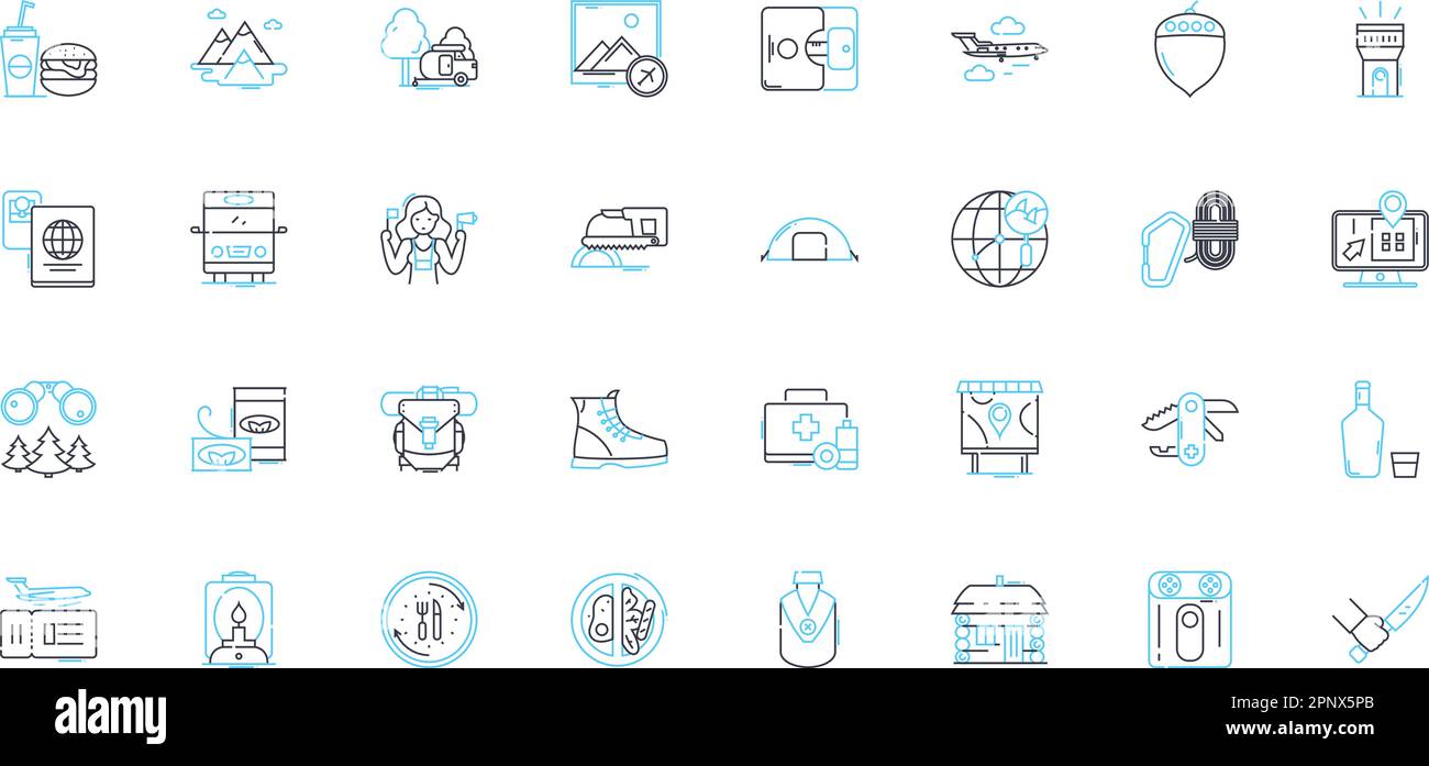 Camping sites linear icons set. Wilderness, Adventure, Glamping ...