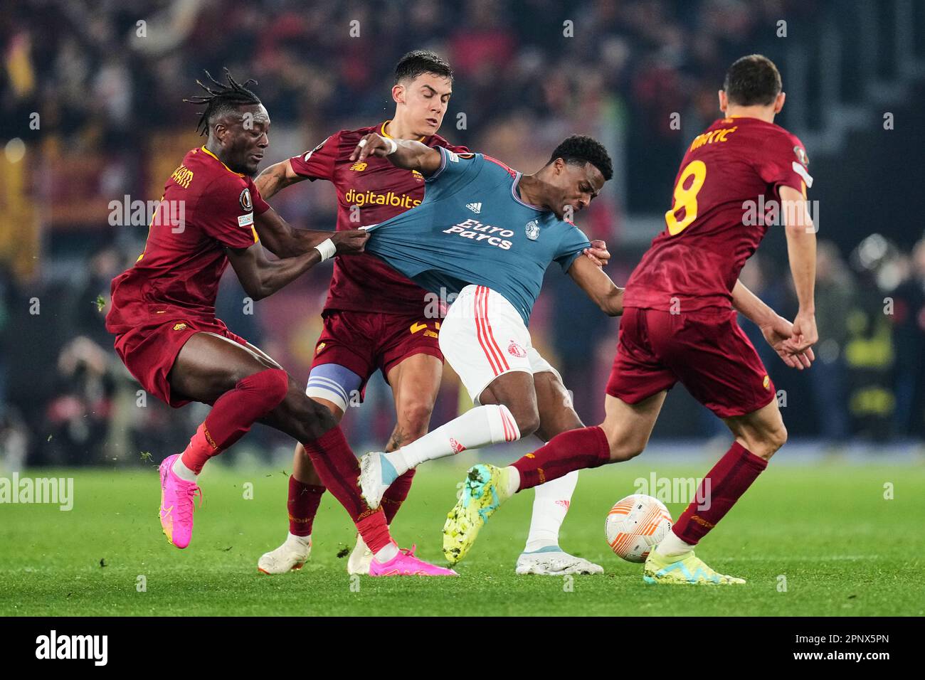 Rome, Italy. 20th Apr, 2023. Rome - Tammy Abraham of AS Roma, Paulo Dybala of AS Roma, Javairo ...
