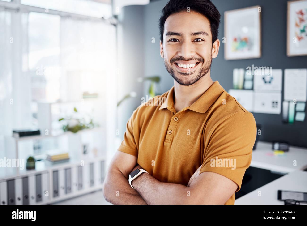 Portrait, crossed arms and happy business man, person or entrepreneur smiling for management ...