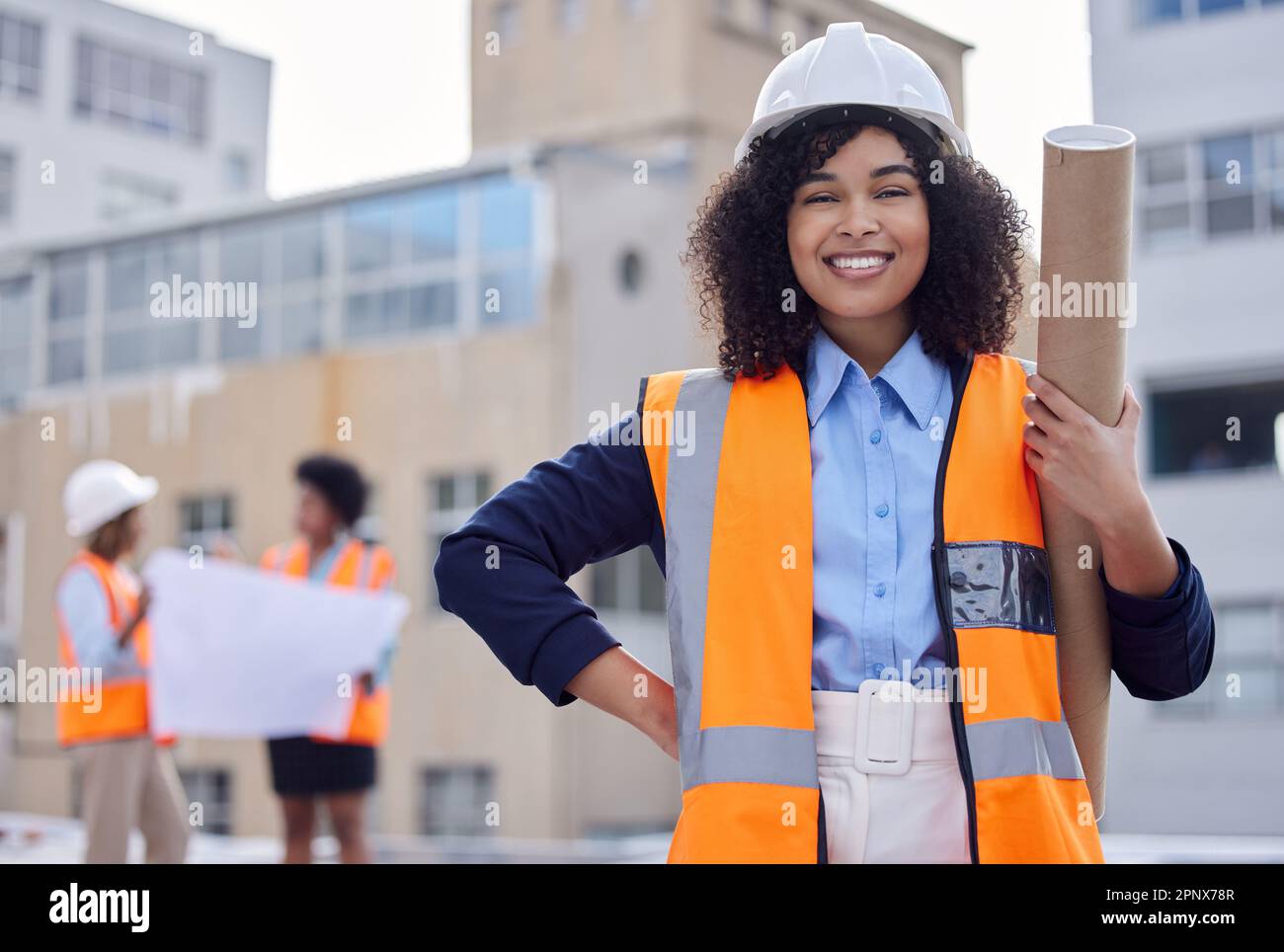 Construction worker, woman with blueprint and floor plan, engineering ...