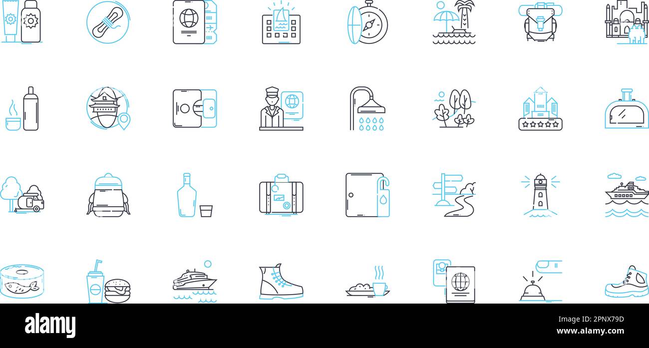 Adventure excursion linear icons set. Expedition, Trek, Safari, Journey ...