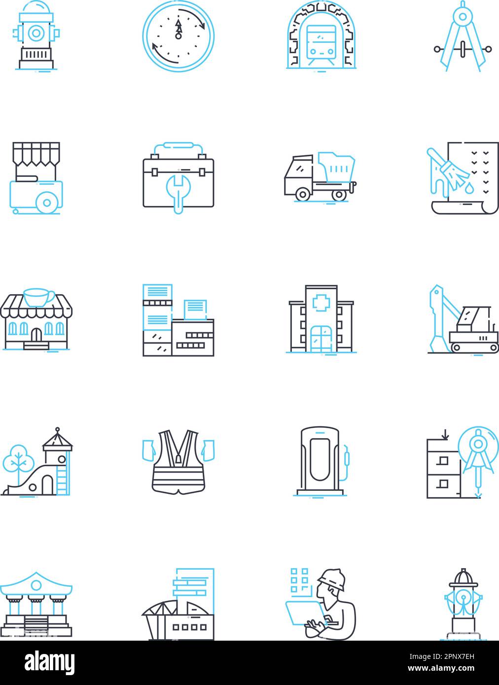 High-rise buildings linear icons set. Skyscraper, Tower, Height, Elevator, View, Architecture ...