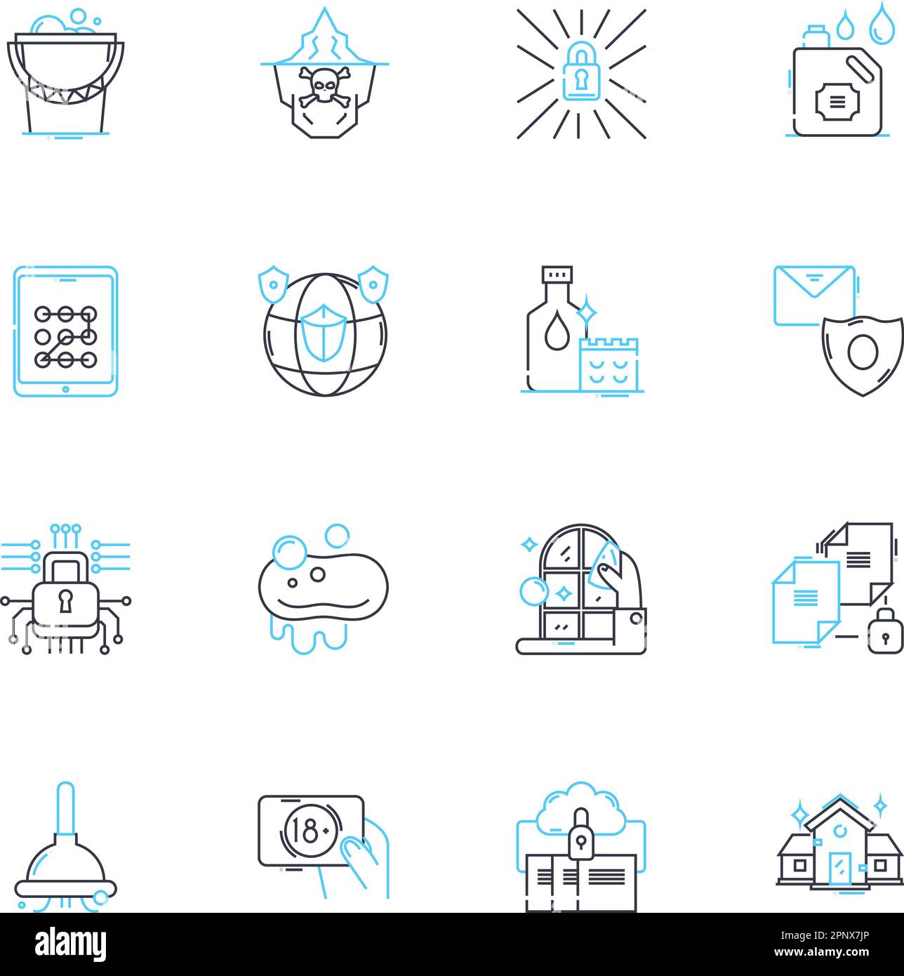 Disinfecting linear icons set. Sanitizing, Sterilizing, Cleaning, Germ ...