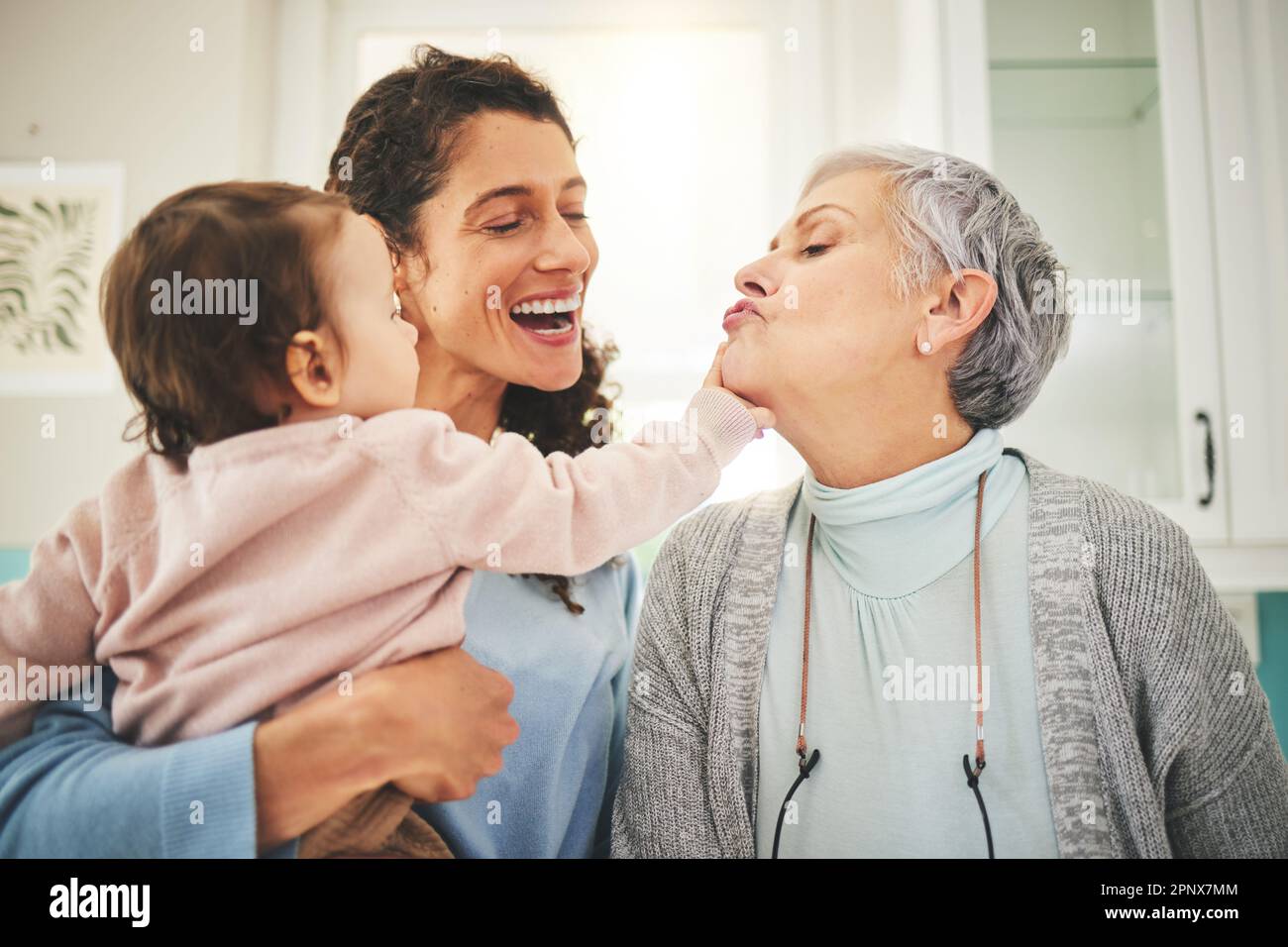 Grandmother, mother and baby happy in home for bonding, quality time ...