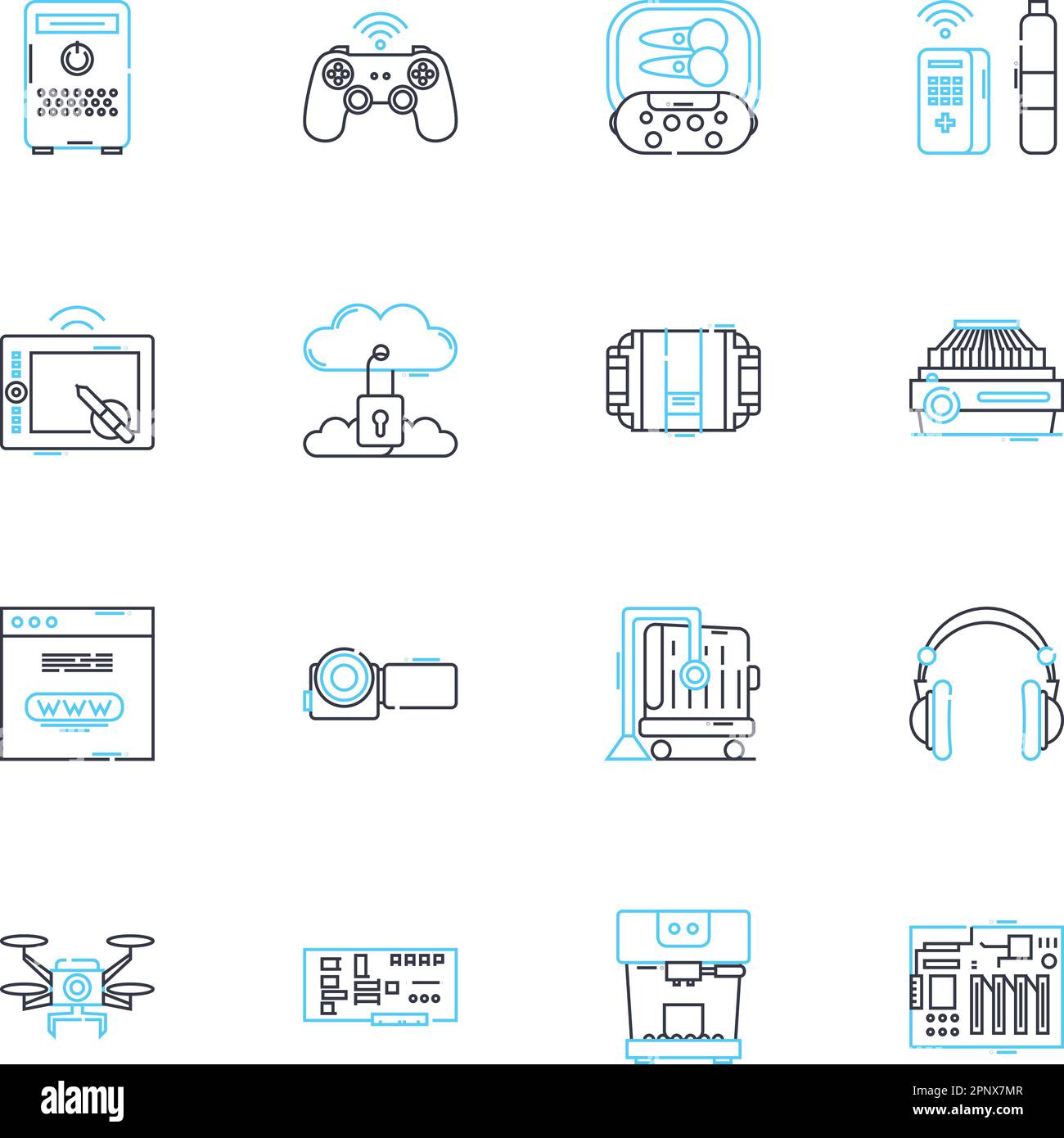 Electronic workplaces linear icons set. Digitized, Automated, Electronically-connected ...