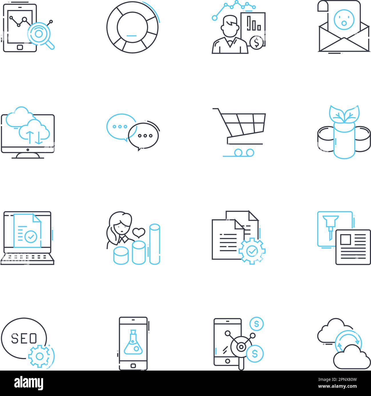 Market analysis linear icons set. Demographics, Competition, Trends, Opportunities, Growth, SWOT ...