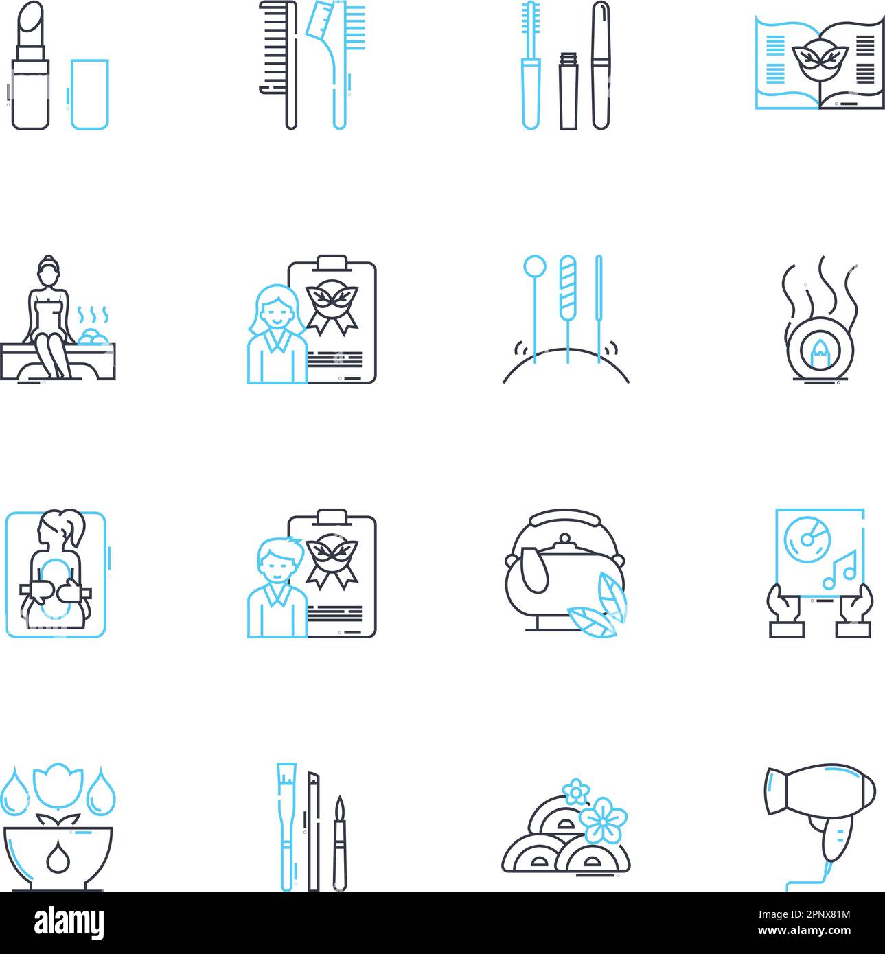 Day spa linear icons set. Relaxation, Indulgence, Serenity, Pampering, Rejuvenation, Tranquility ...