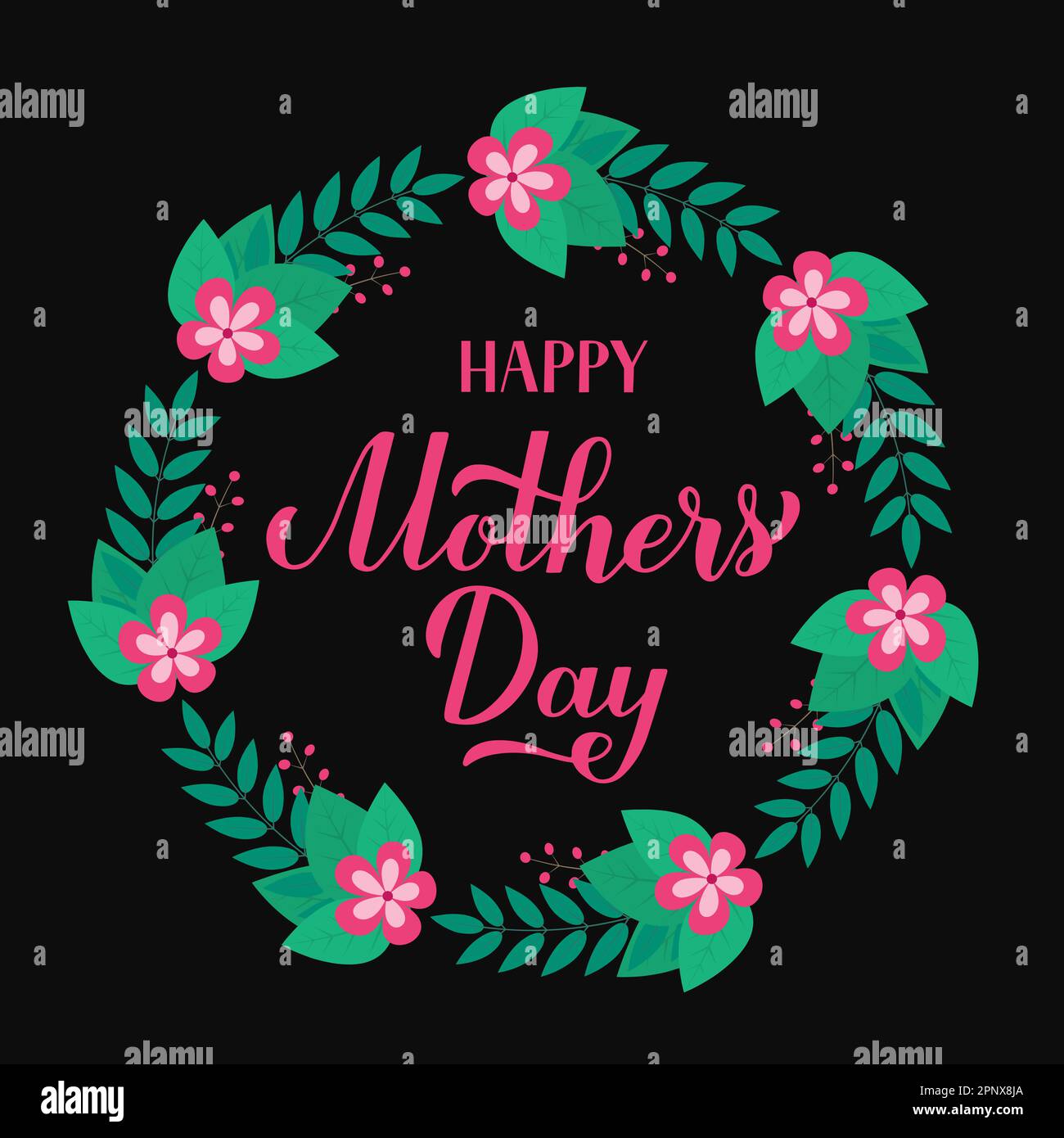 Happy Mothers Day calligraphy lettering. Wreath of leaves, branches and ...