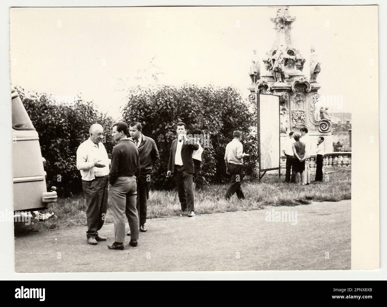 Vintage photo shows group of people during long bus trip Stock Photo ...