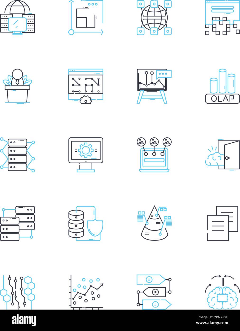Marketing research linear icons set. Survey, Analytics, Branding ...