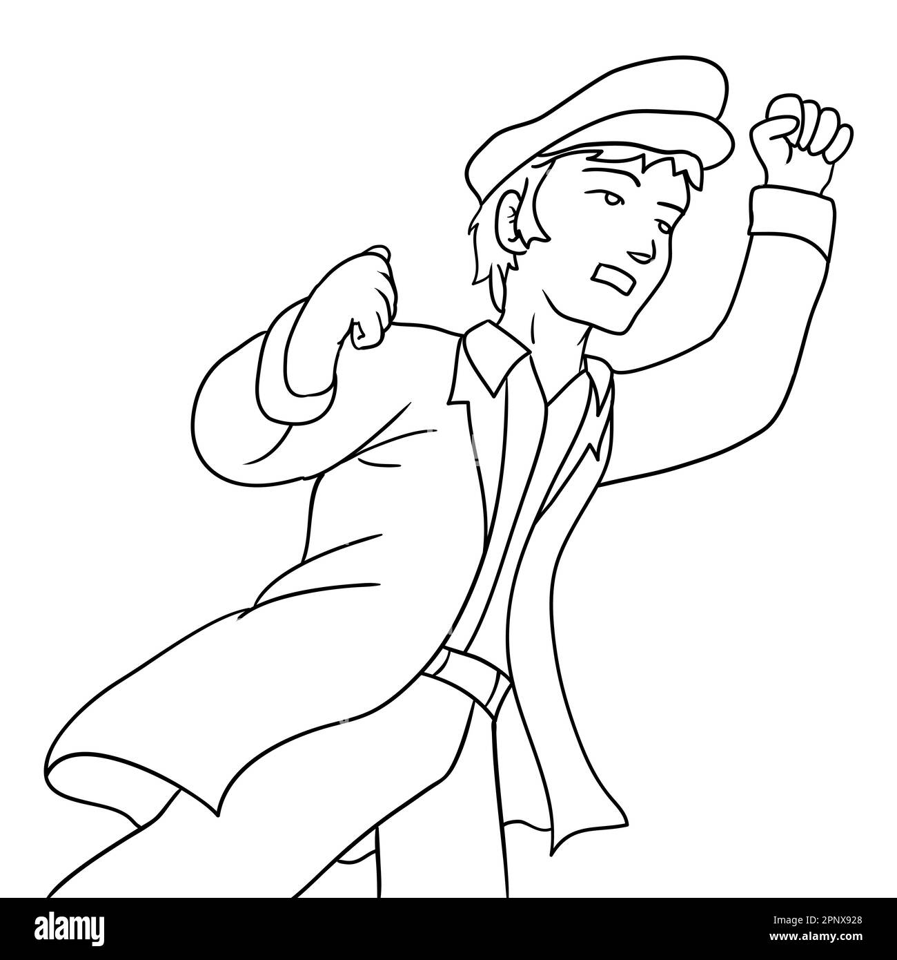 Man Protesting With Trench Coat Beret And Fist Up Design In Outlines For Coloring Activities