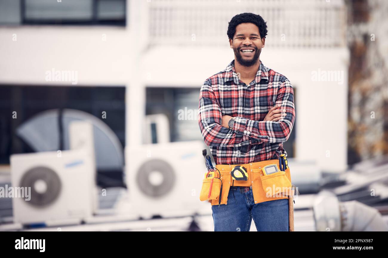 Engineering, portrait and man arms crossed on roof air conditioning ...