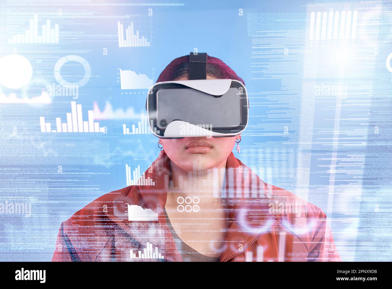 Metaverse, woman or virtual reality big data with overlay for digital ...