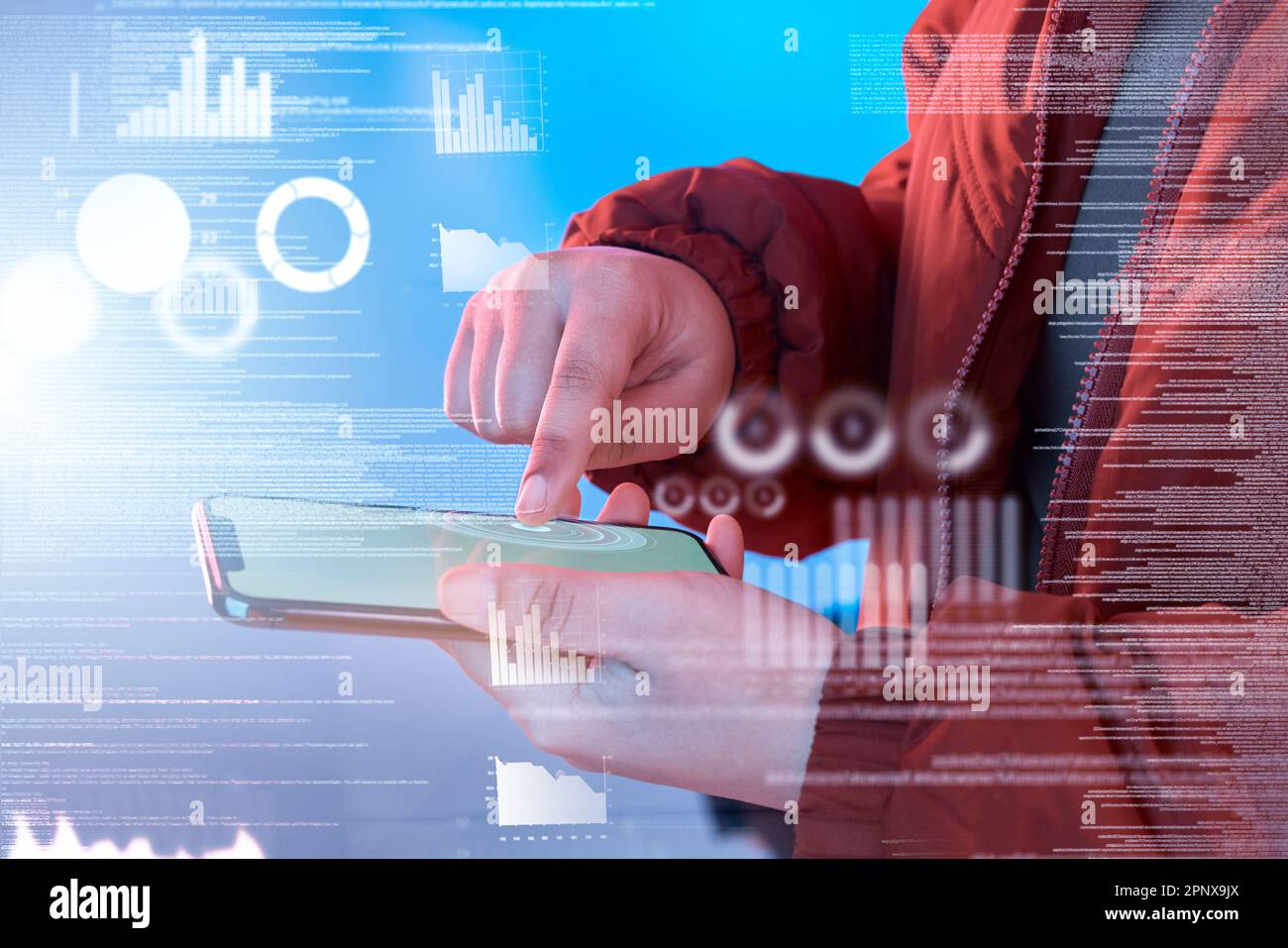 Hand, phone or person typing with overlay for 3d analysis, holographic ...