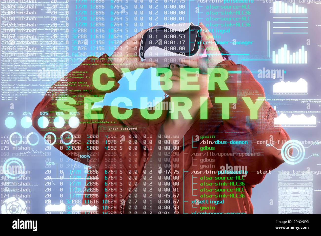 Cybersecurity, woman or virtual reality glasses with hologram for ...