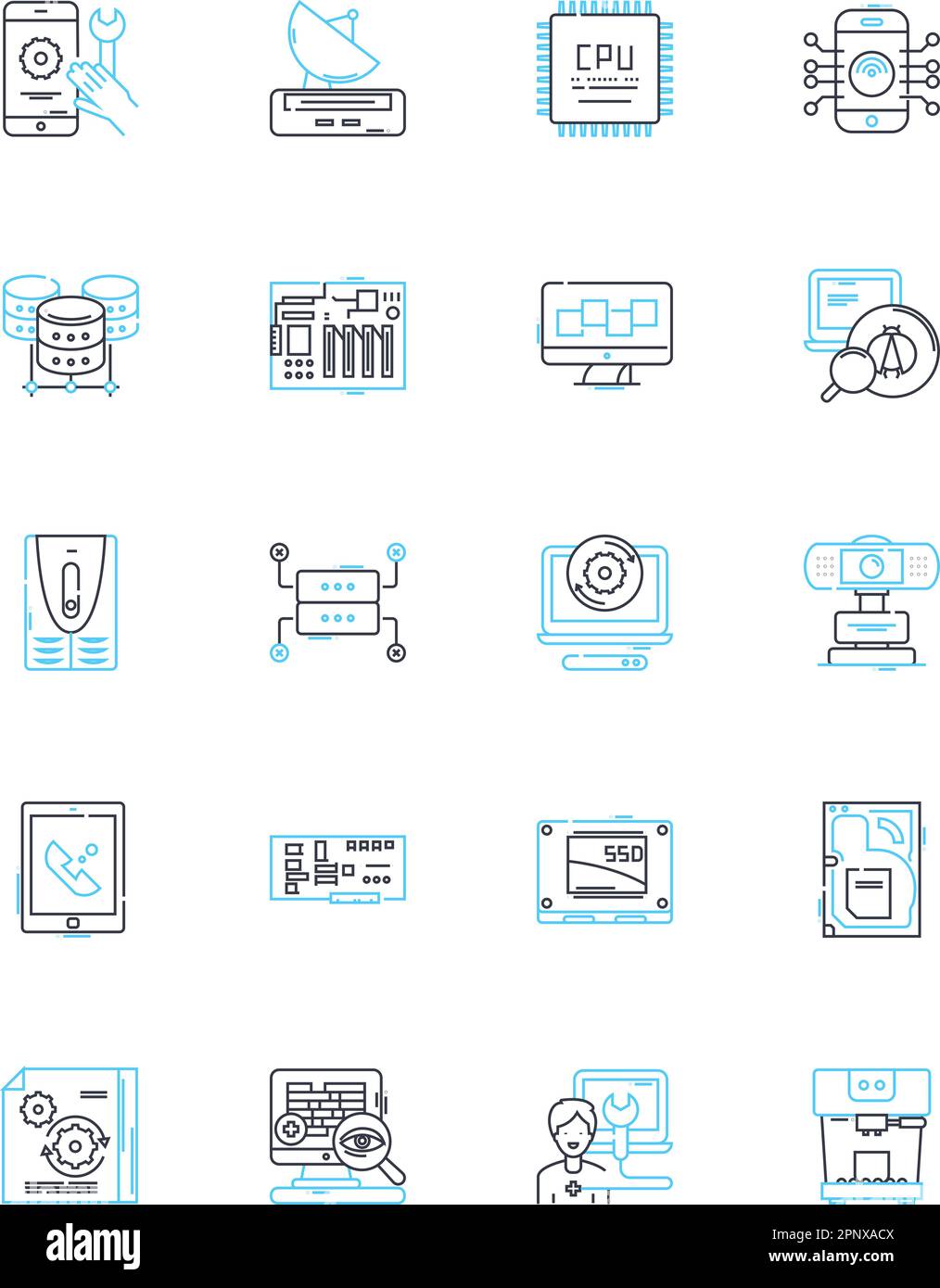 Information devices linear icons set. Smartph, Laptop, Tablet, Desktop, Smartwatch, E-reader ...