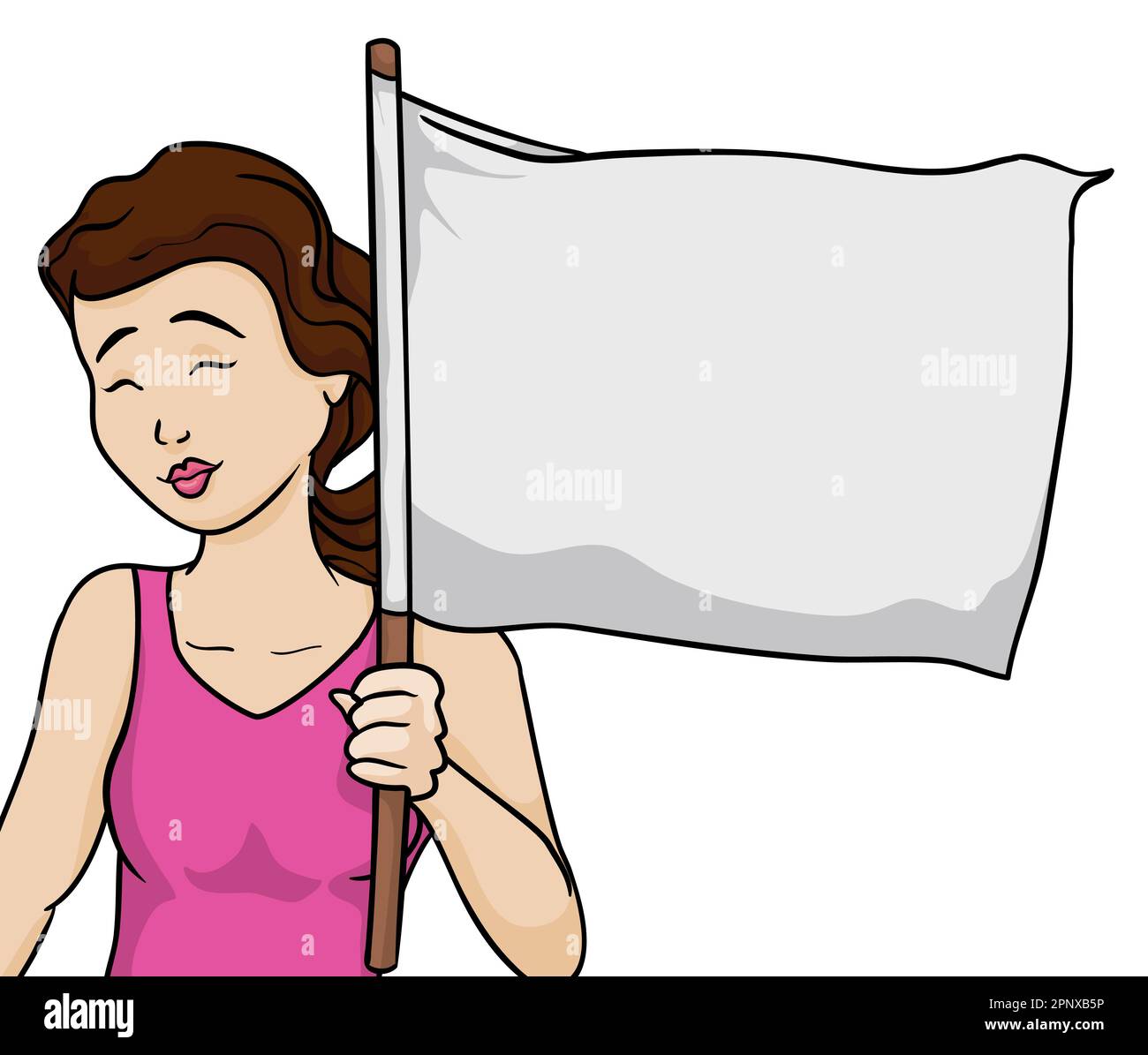 Pretty brunette woman holding a wooden flagpole and blank banner ...