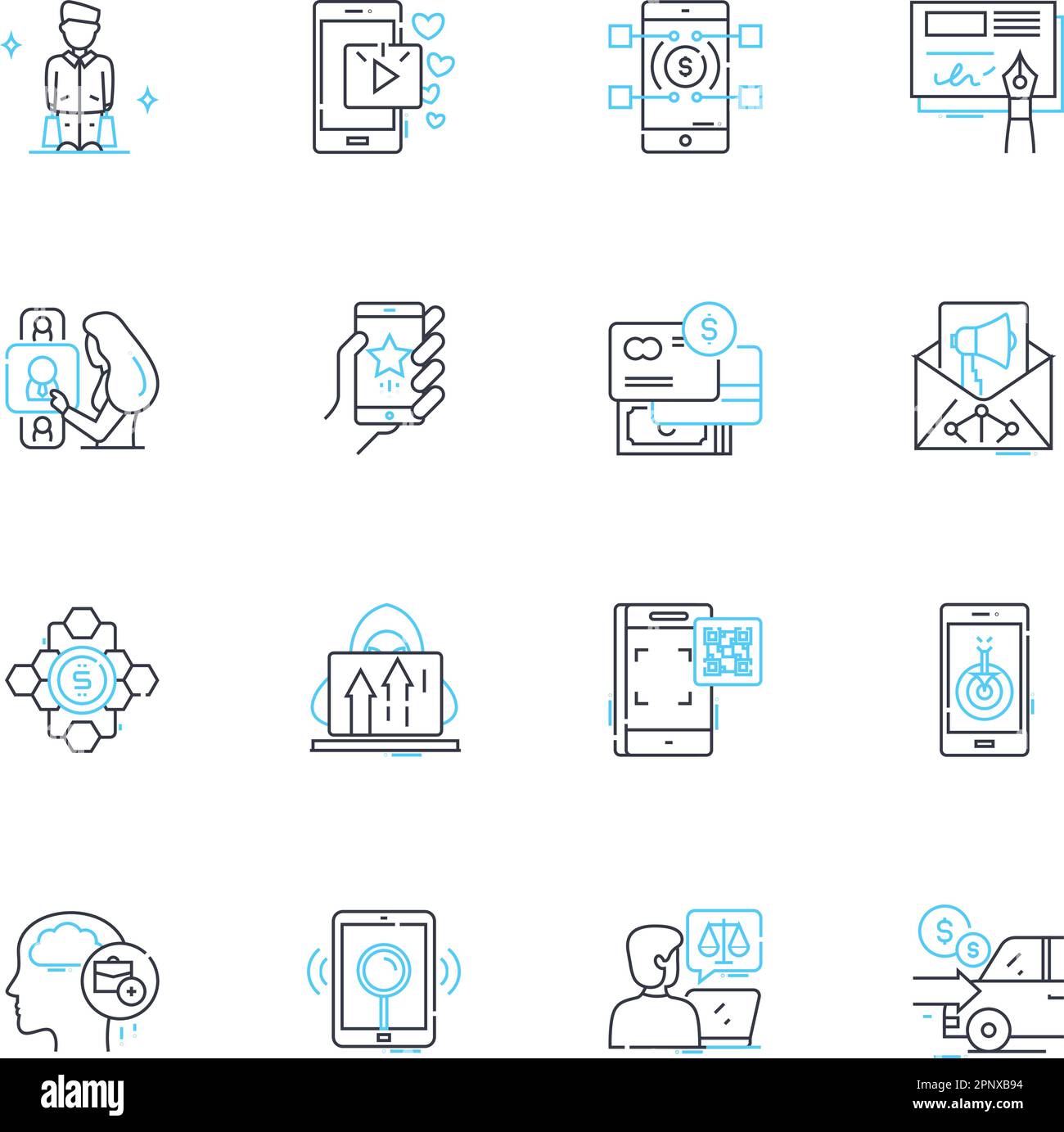 Sales Media linear icons set. Advertising, Branding, Brochures, Campaigns, Clients, Commissions ...