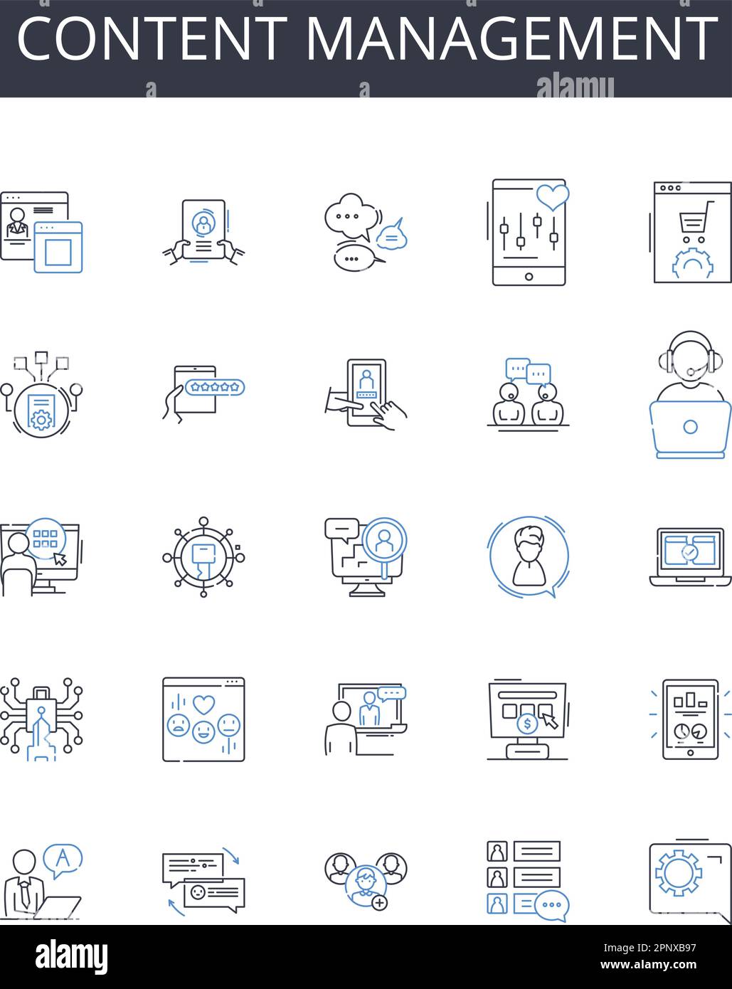 Content management line icons collection. Social media, Project ...