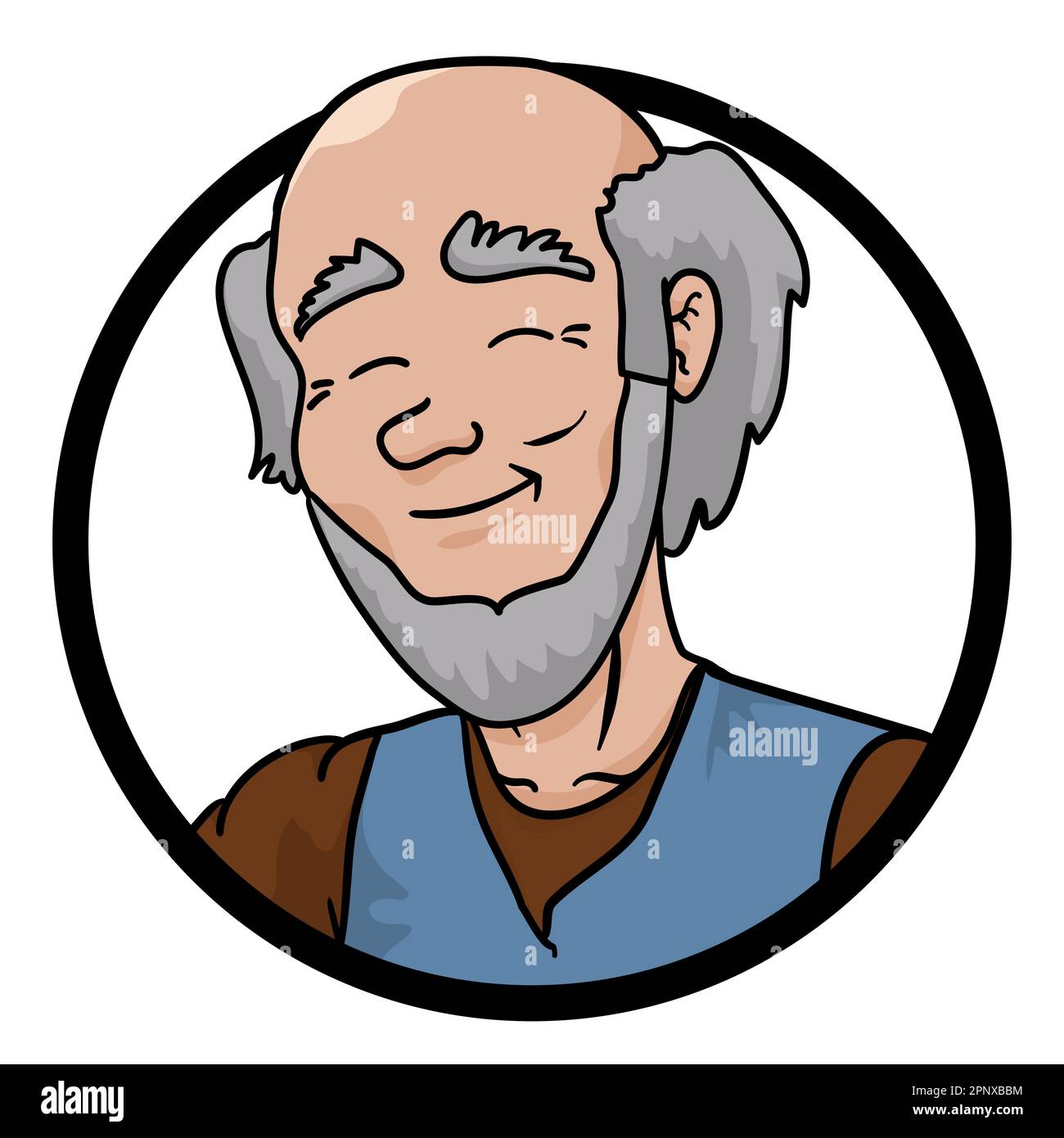 Face of happy older man with bald head and beard inside round button ...