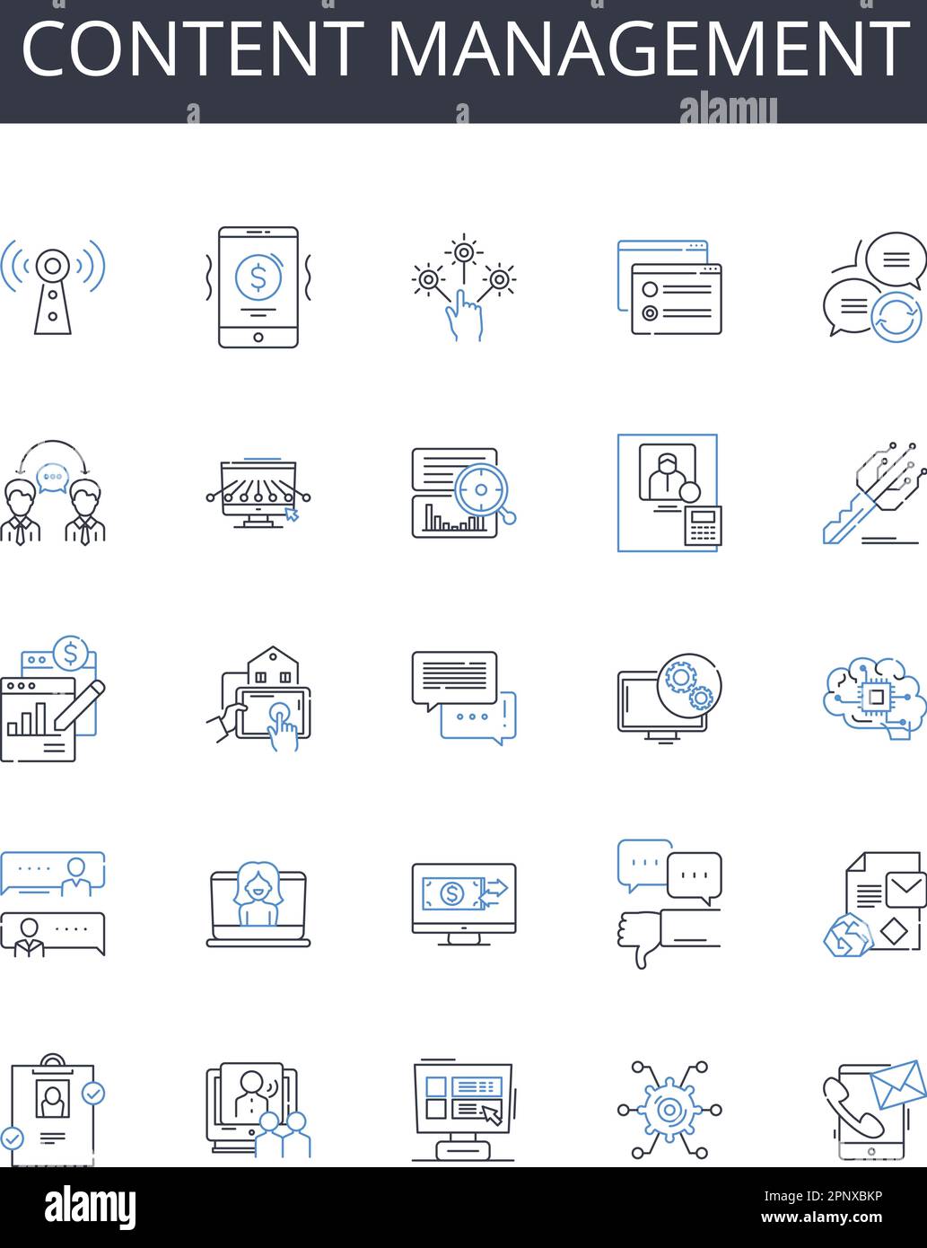 Content management line icons collection. Social media, Project ...