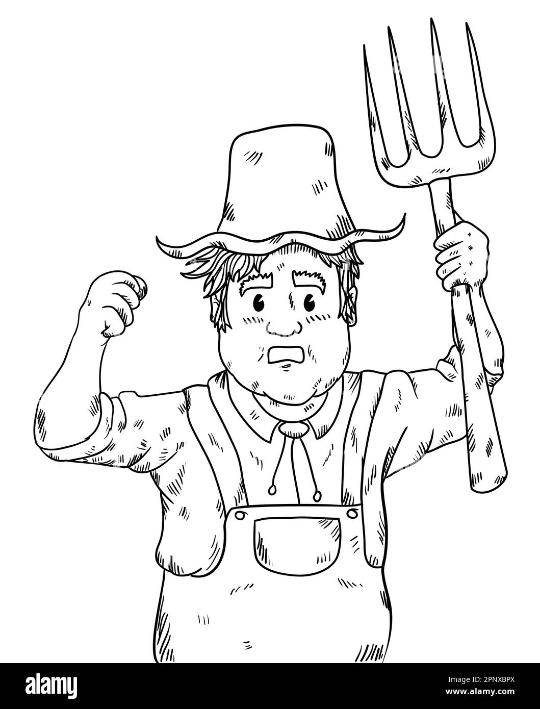 Male farmer with angry gesture in hand drawn and retro style, holding a ...