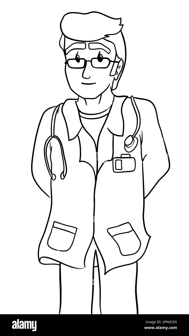 Male doctor with stethoscope, lab coat, ID card and glasses. Outlines ...