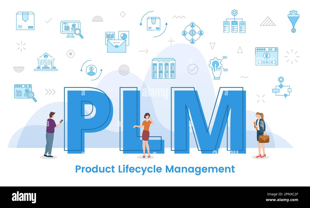 plm concept with big words and people surrounded by related icon with ...