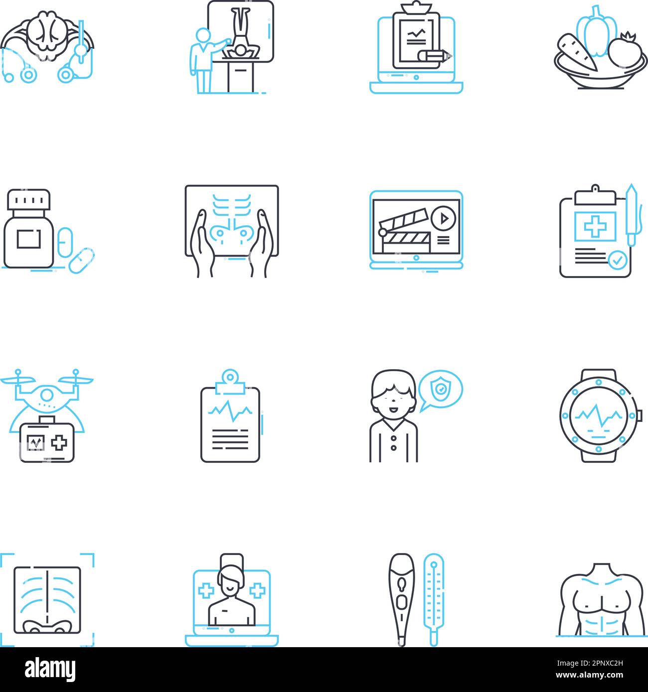 Clinical management linear icons set. Diagnosis, Treatment, Patient ...