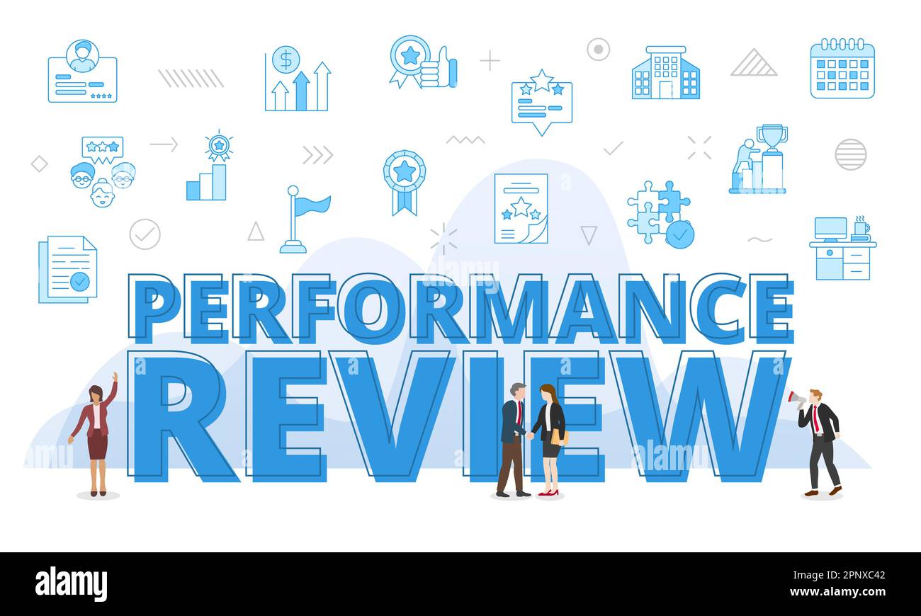 performance review concept with big words and people surrounded by ...