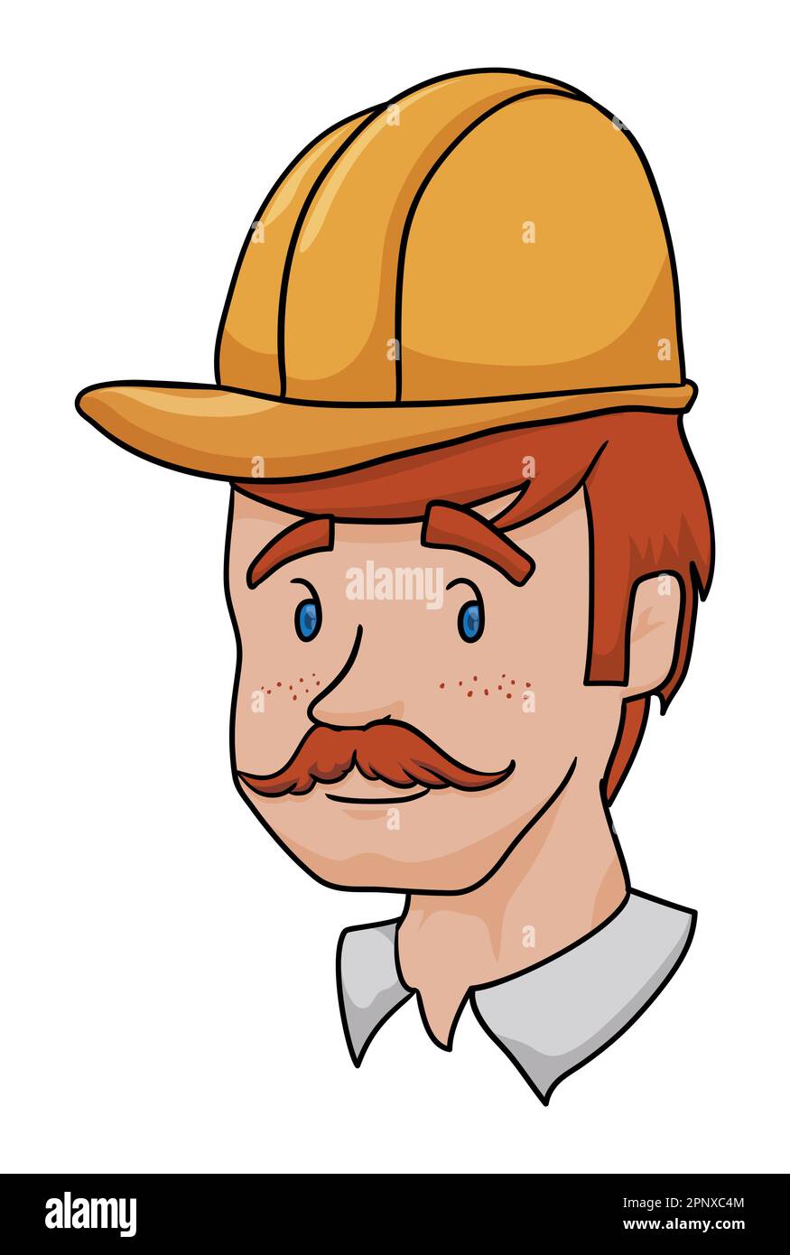Redheaded worker face with mustache, freckles and yellow hard hat in ...