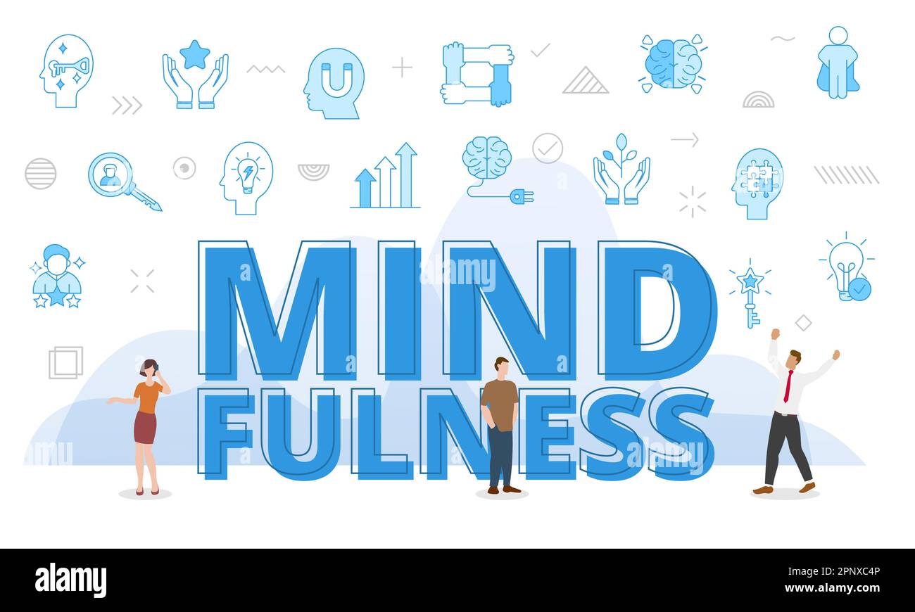 mindfulness concept with big words and people surrounded by related ...