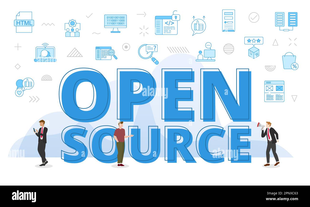 open source concept with big words and people surrounded by related ...